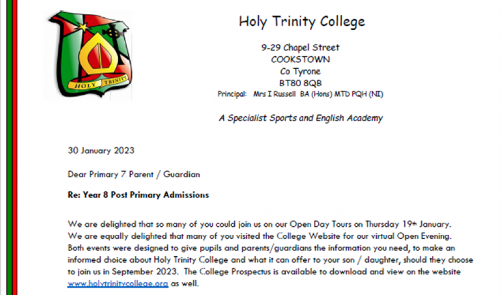 Holy Trinity College - Letter to Primary 7 Parents