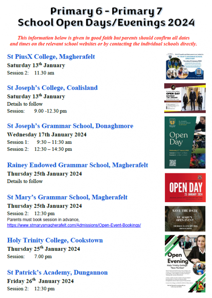 P6 & P7 List Of Open Days/Evenings 2024